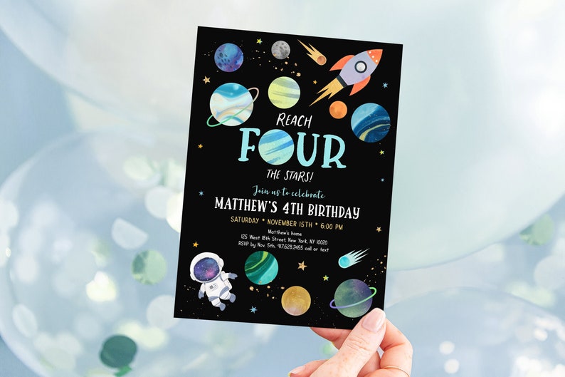 Editable Space Fourth Birthday Invitation Reach FOUR the Stars Invite ...