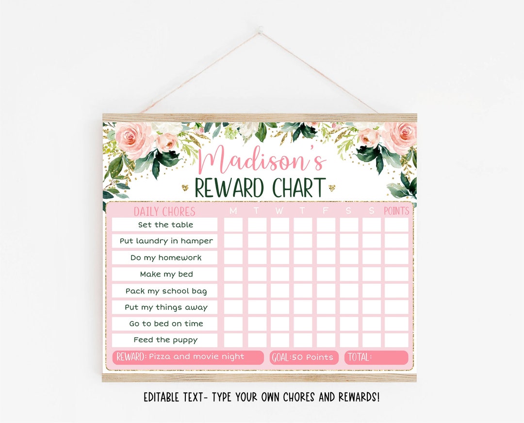 Editable Pink Floral Reward Chart, Floral Behavior Chart, Pink & Gold ...