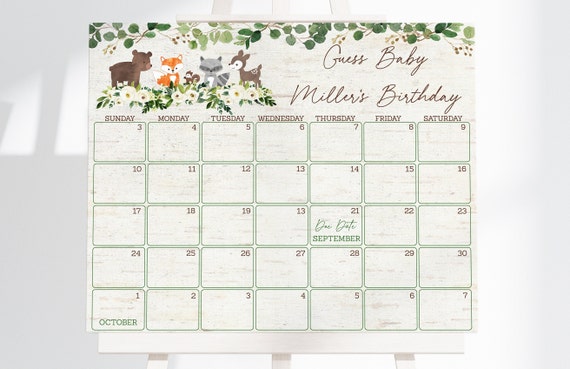 Editable Woodland Floral Baby Due Date Calendar Game Woodland Forest ...