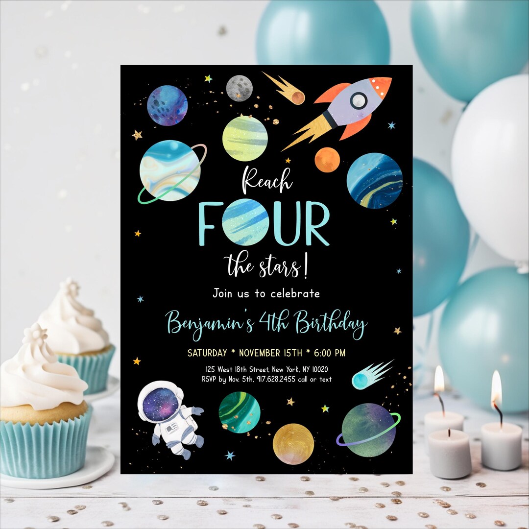 Editable Blue Space Fourth Birthday Invitation Reach FOUR the Stars ...