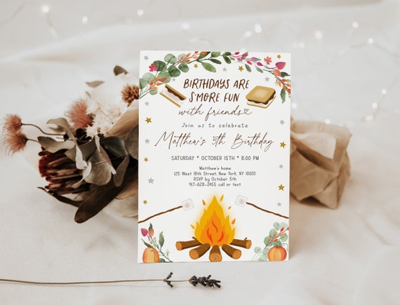 Editable S'mores Birthday Invitation, Fall S'mores Birthday Invite, Camping, Campfire, Bonfire ...