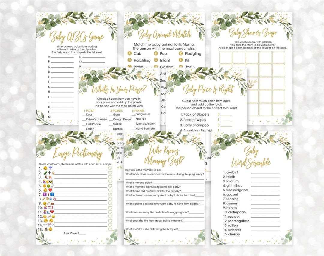 Greenery Baby Shower Games Package Gender Neutral Greenery & Gold ...