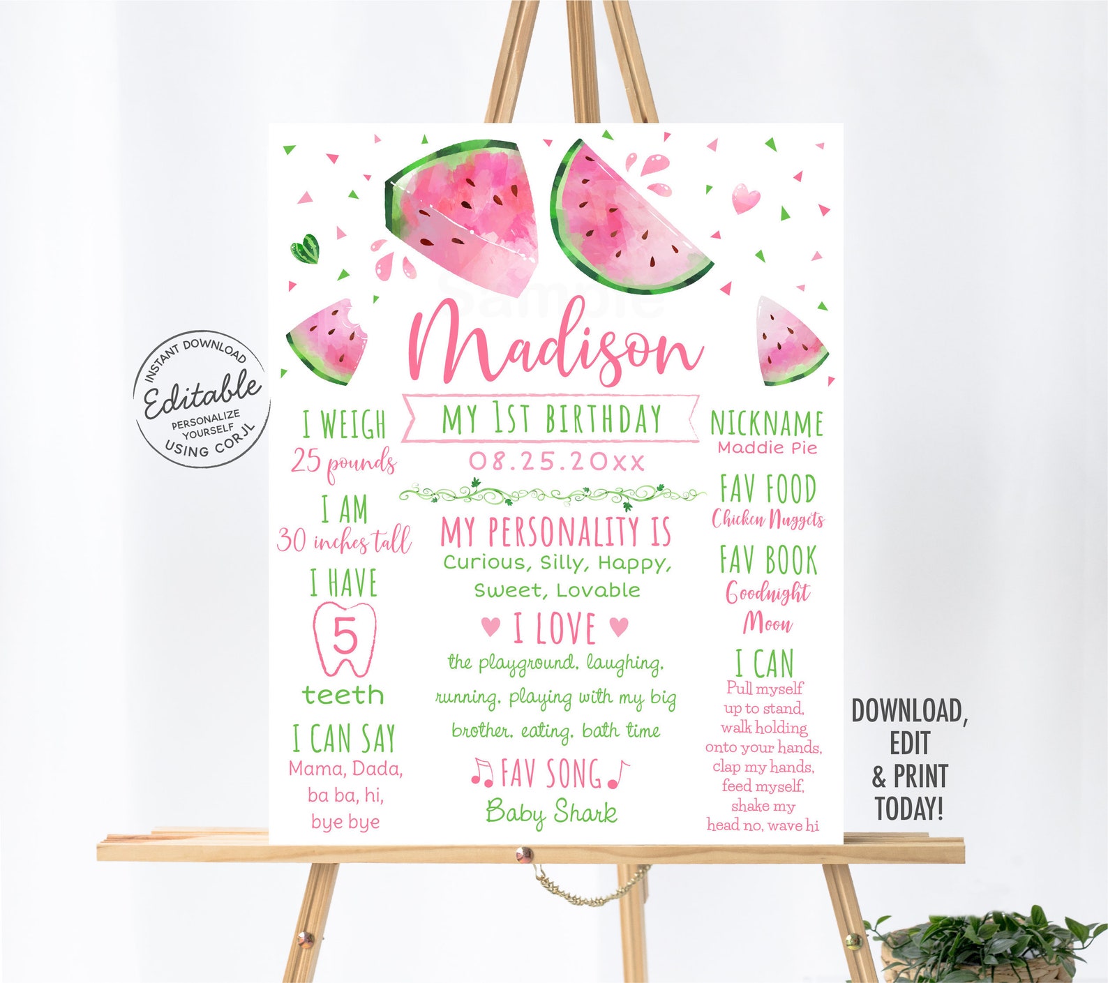 EDITABLE Watermelon Birthday Milestone Poster Watermelon First - Etsy