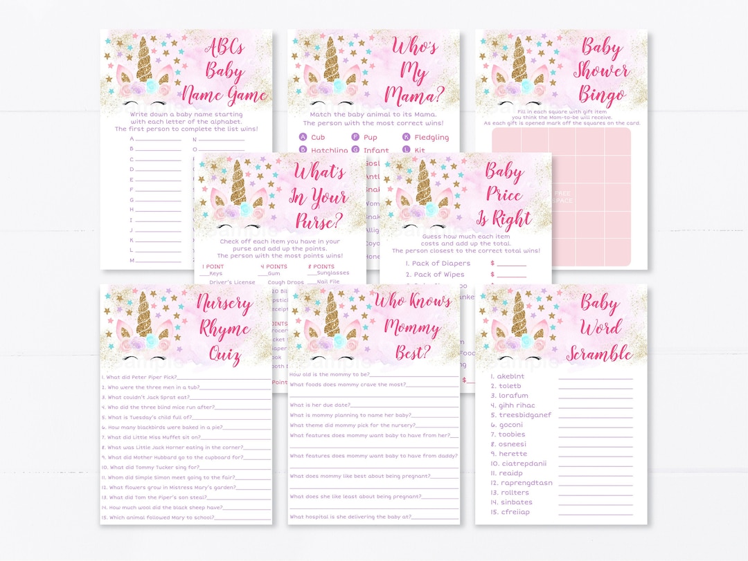 Unicorn Baby Shower Games Package, Pink & Gold Unicorn, Floral, Girl ...