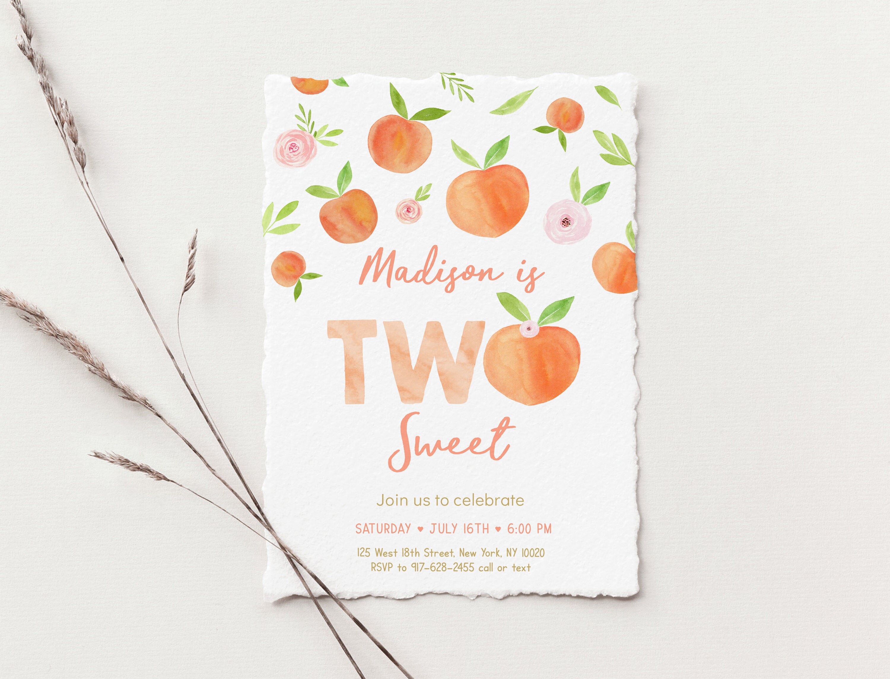 Editable Peach Birthday Invitation Two Sweet Peach Second | Etsy