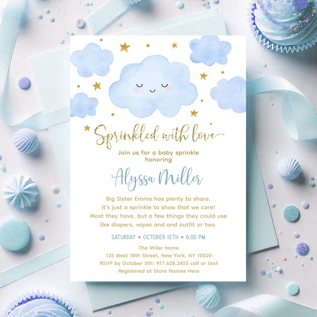 Editable Blue Twinkle Star Baby Sprinkle Invitation, Sprinkled With ...