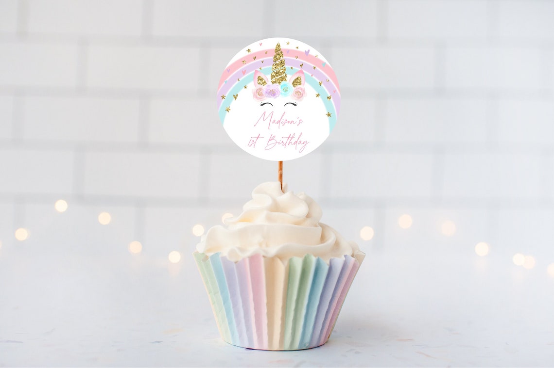 Editable Unicorn Birthday Cupcake Toppers Rainbow Unicorn - Etsy