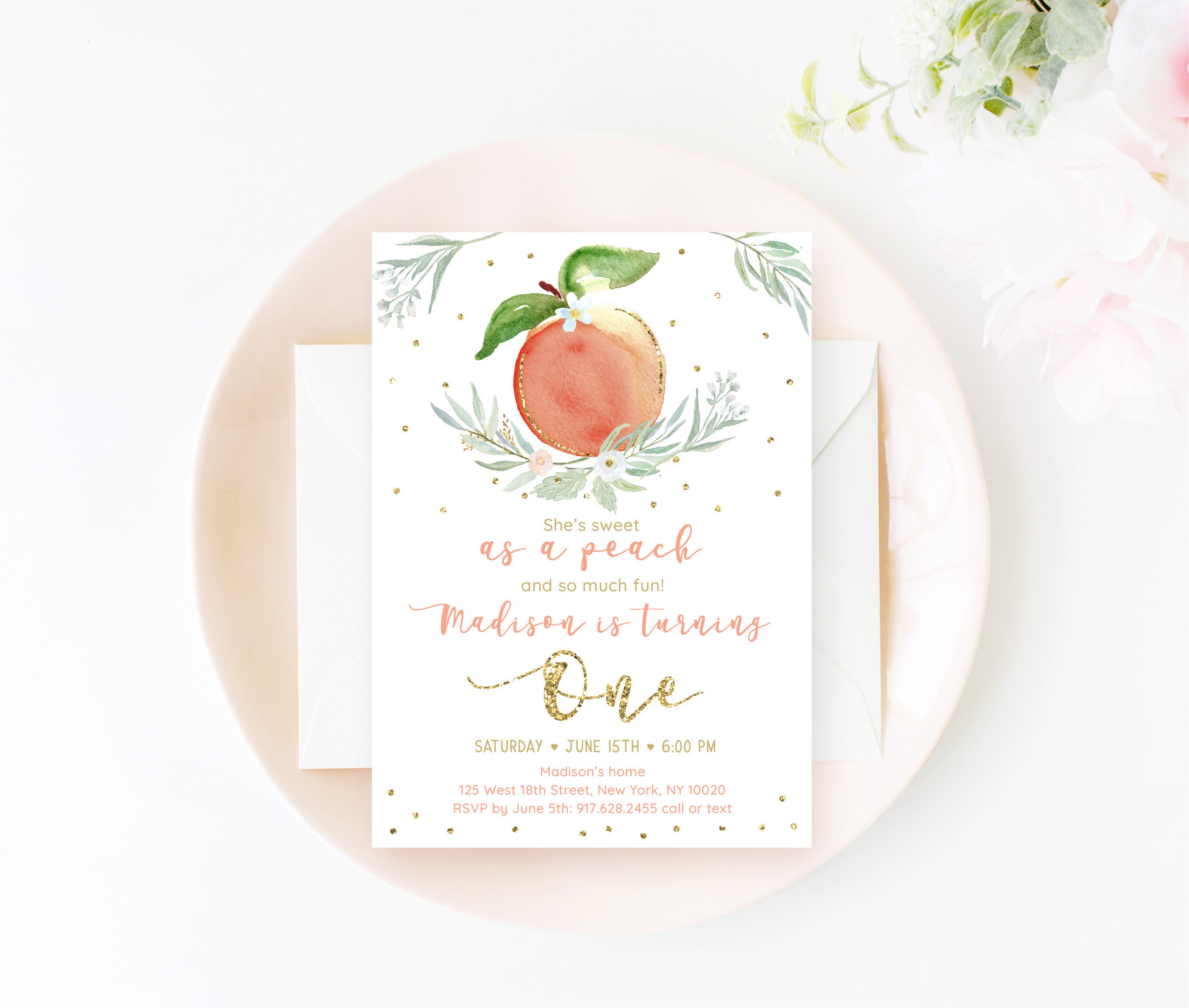 Editable Peach Birthday Invitation Sweet as A Peach First | Etsy