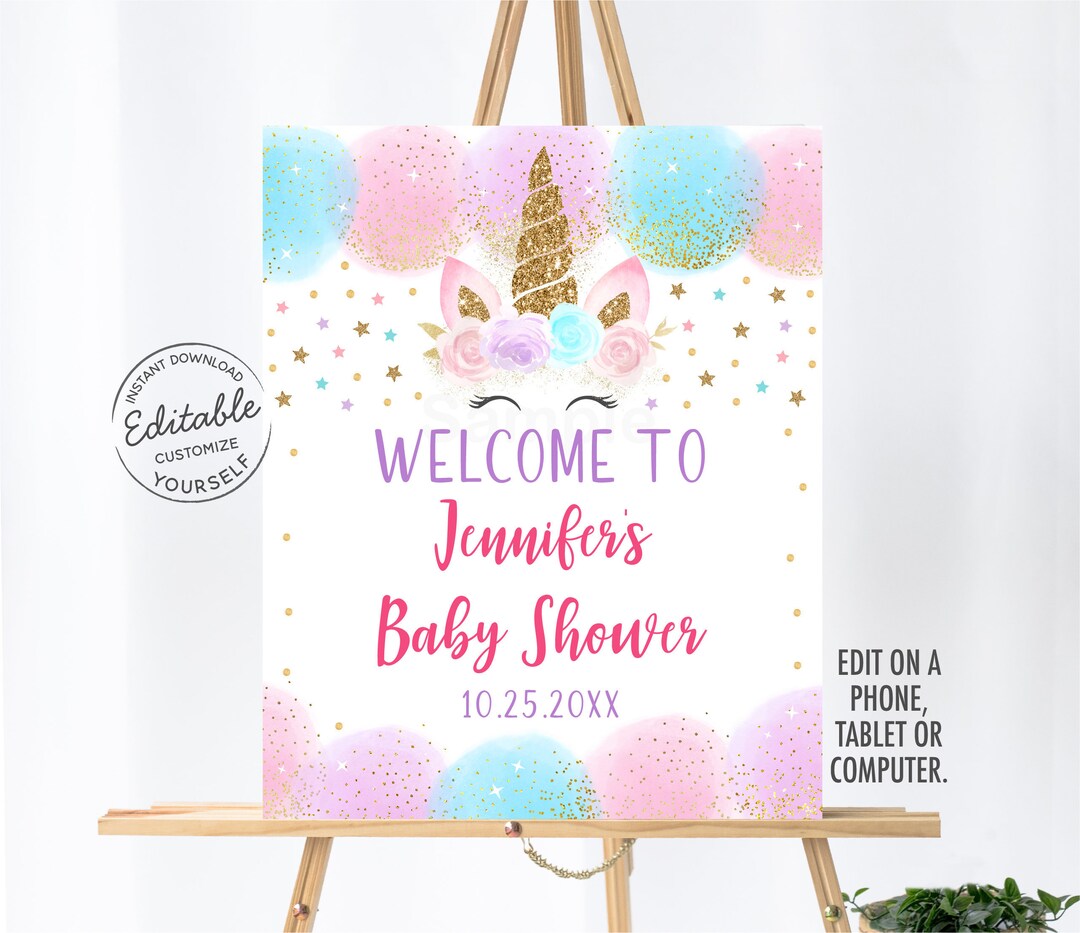 EDITABLE Unicorn Baby Shower Welcome Sign Pink & Gold Unicorn - Etsy