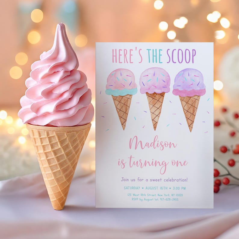 Editable Ice Cream Birthday Invitation Here's the Scoop Modern Ice ...