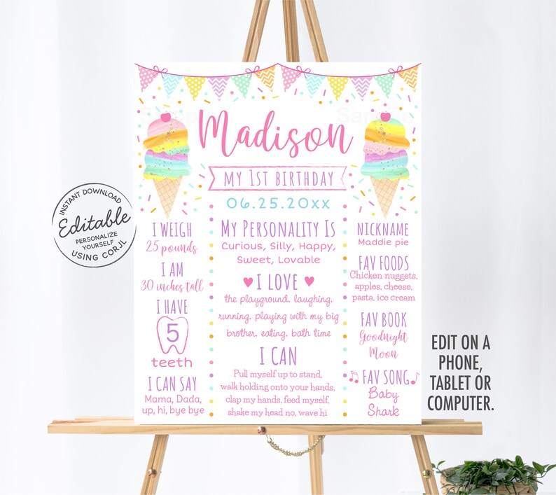 EDITABLE Ice Cream Birthday Milestone Poster Ice Cream First - Etsy