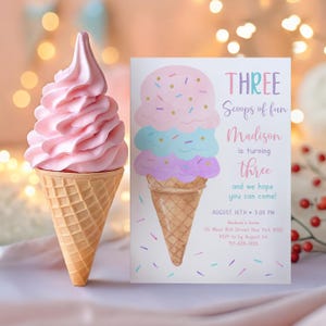 Editable Ice Cream Birthday Invitation Bundle Three Scoops of Fun Girl ...