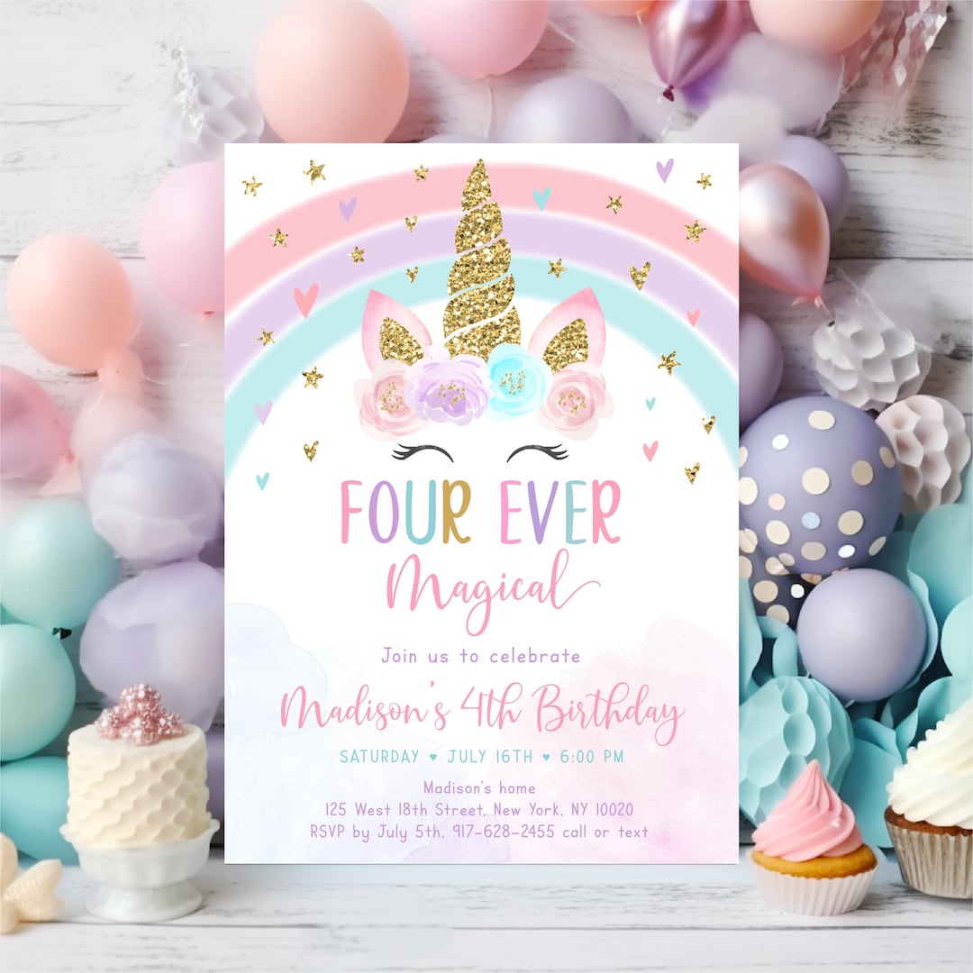 Editable Unicorn 4th Birthday Invitation, Four Ever Magical Invite ...