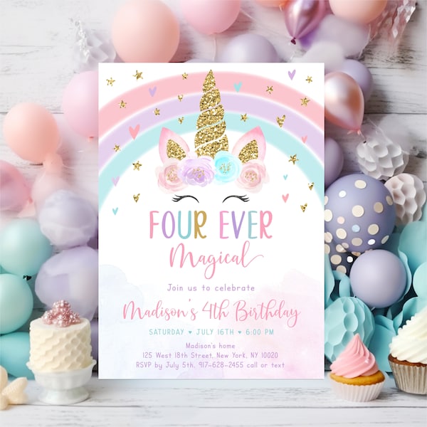 Digital Unicorn 4th Birthday Invitation - Etsy