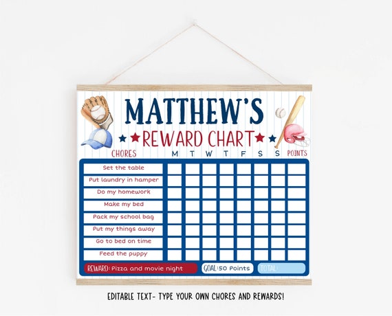 EDITABLE Baseball Reward Chart, Boys Reward Chart, Baseball Chore Chart ...