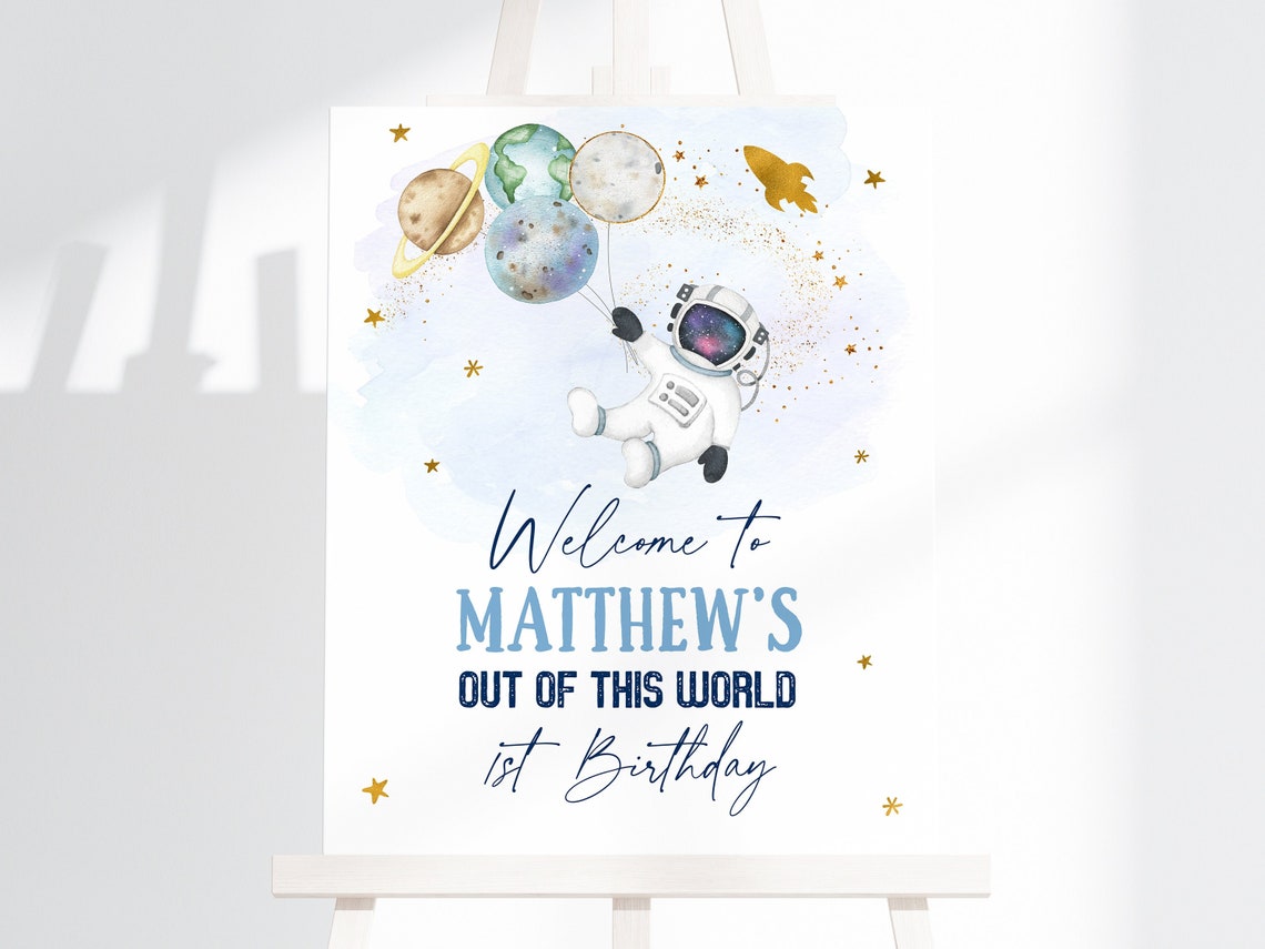 Editable Space Birthday Welcome Sign Blue Gold Galaxy - Etsy