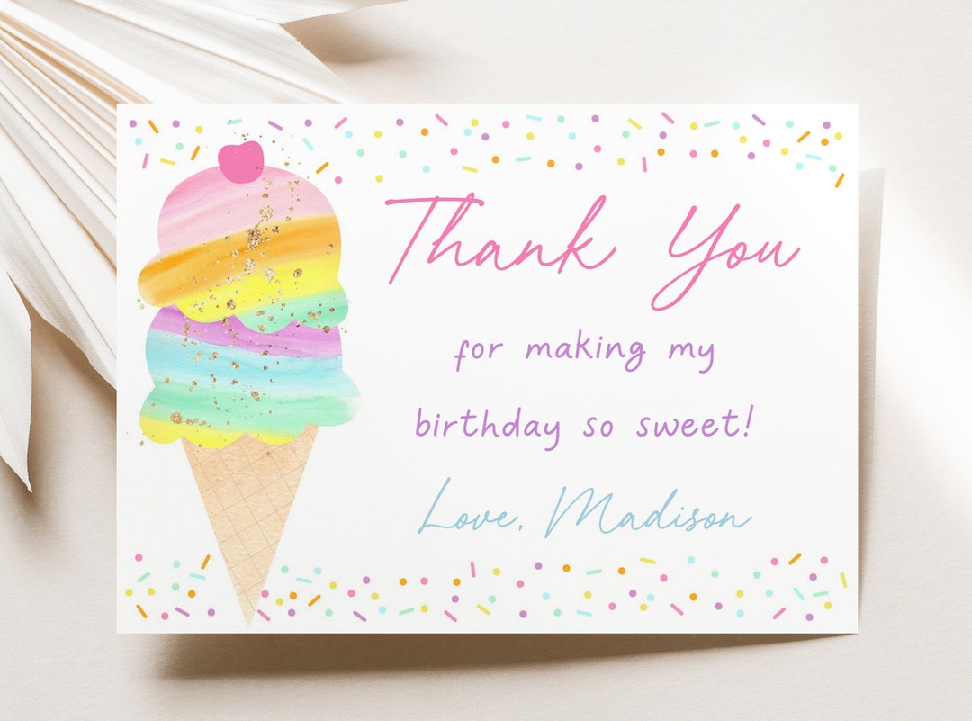 Editable Ice Cream Birthday Thank You Card Ice Cream Party - Etsy