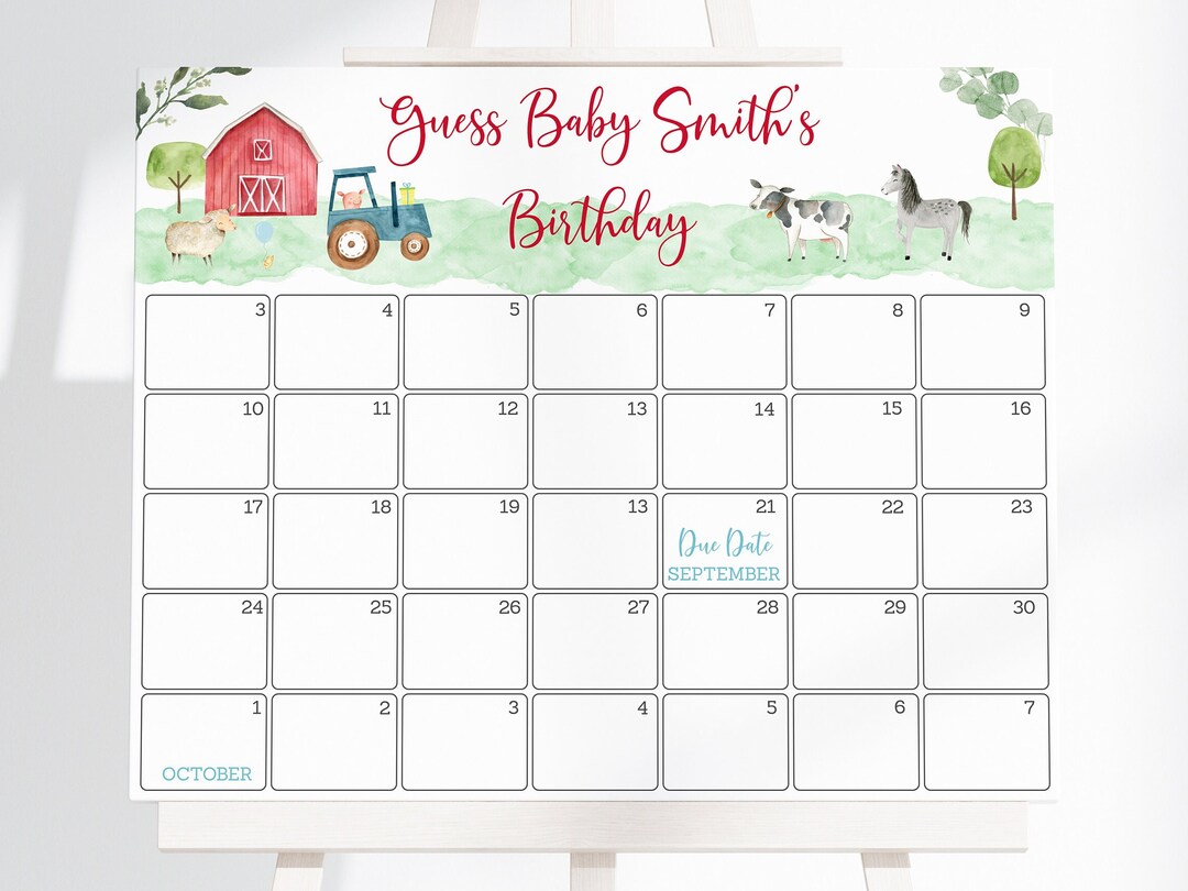 Editable Farm Baby Due Date Calendar Game Boy Farm Animal Barnyard Baby ...