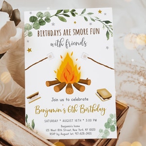 Editable S'mores Birthday Invitation, Camping, Campfire, Bonfire, Smore ...