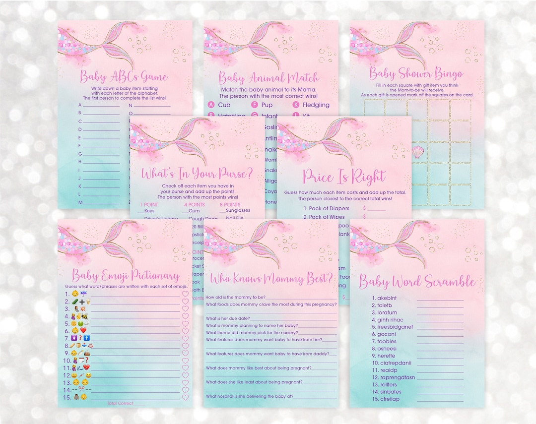 Mermaid Baby Shower Games Package Pink Gold Mermaid Tail Under the Sea ...