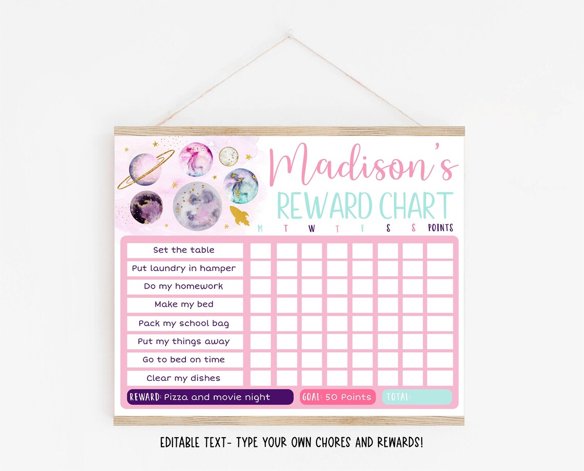 Editable Space Reward Chart Pink Galaxy Rocket Ship Stars - Etsy