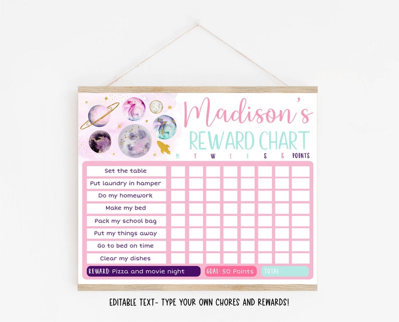 Editable Space Reward Chart Pink Galaxy Rocket Ship Stars Planets Girl ...