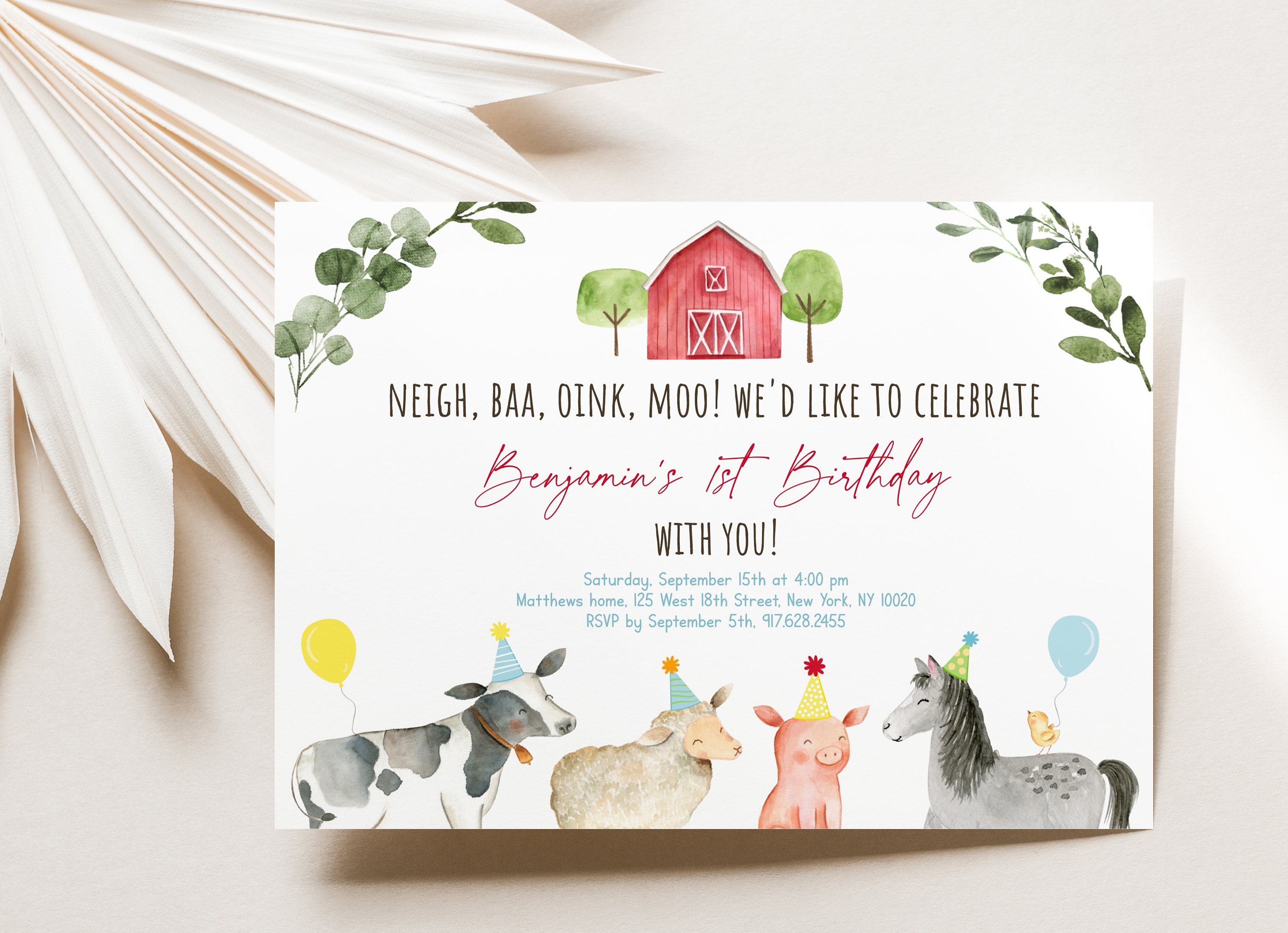 Editable Farm Birthday Invitation Farm Animals Greenery - Etsy