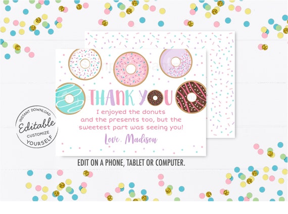 EDITABLE Donut Thank You Card, Donut Birthday, Pink Donut, Donut Grow ...
