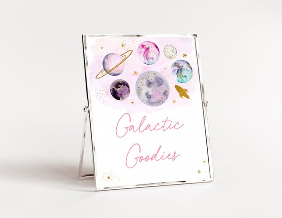 Space Galactic Goodies Birthday Sign Snack Sign Pink Gold Galaxy ...
