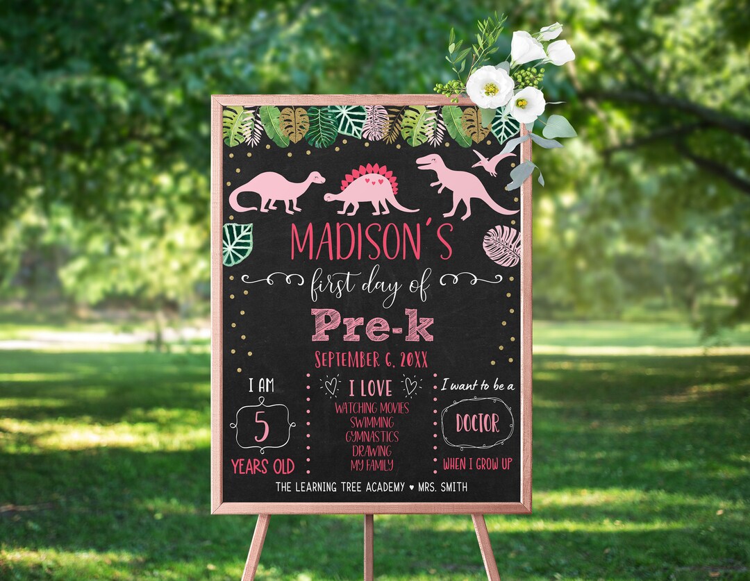 Editable Pink Dinosaur First Day of Pre-k Sign First Day of Pre ...