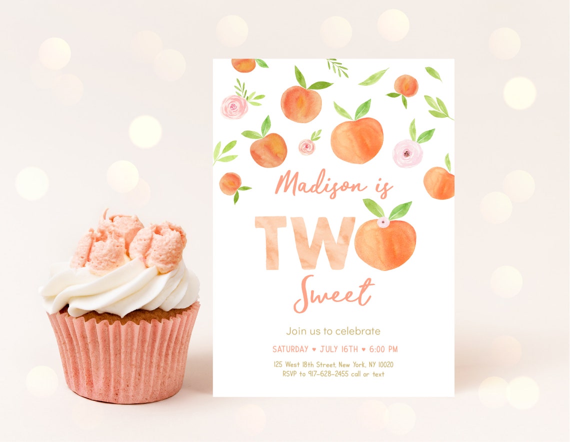 Editable Peach Birthday Invitation Two Sweet Peach Second | Etsy