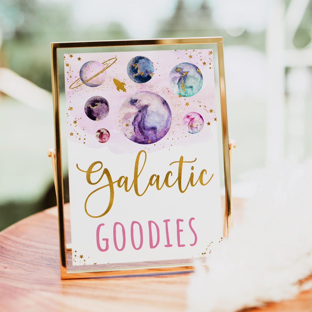 Space Galactic Goodies Birthday Sign Pink Gold Galaxy Planets Outer ...