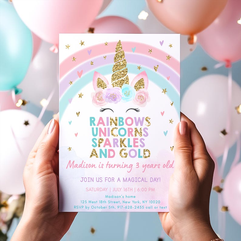 Editable Unicorn Rainbow Birthday Invitation, Pastel Floral Unicorn ...