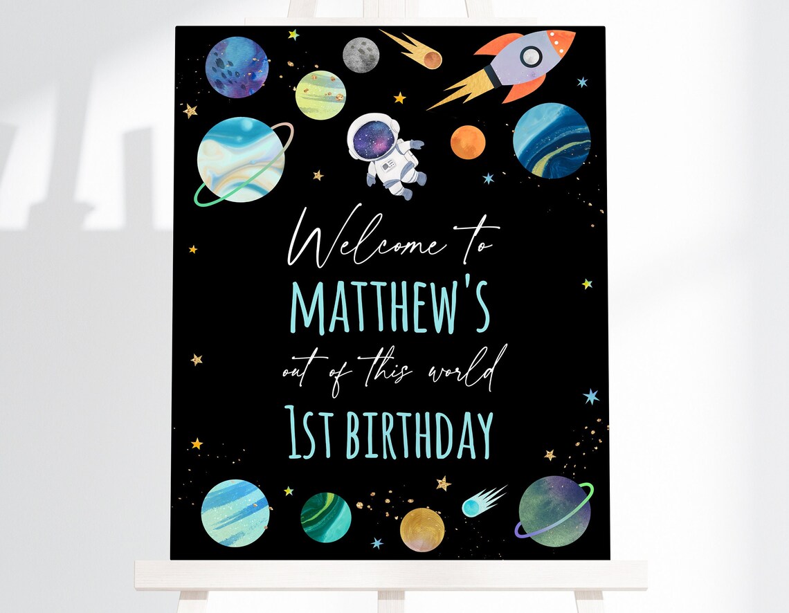Editable Space Birthday Welcome Sign Astronaut Galaxy Planets Boys ...