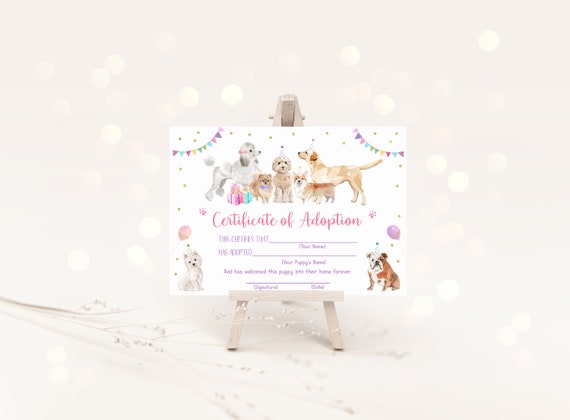 Puppy Certificate of Adoption Adopt A Puppy Let's Paw-ty - Etsy