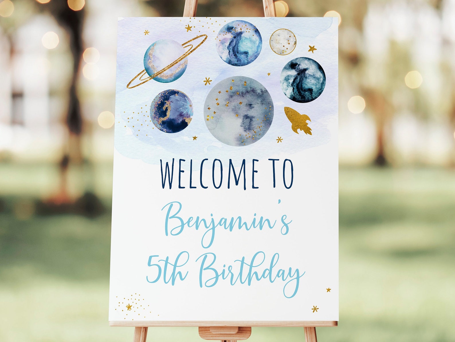 Editable Space Birthday Welcome Sign Blue Gold Galaxy Planets Boys ...
