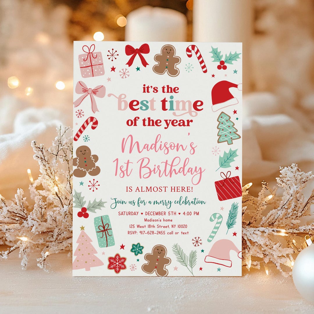 Editable Christmas First Birthday Invitation, Best Time of Year, Pink ...