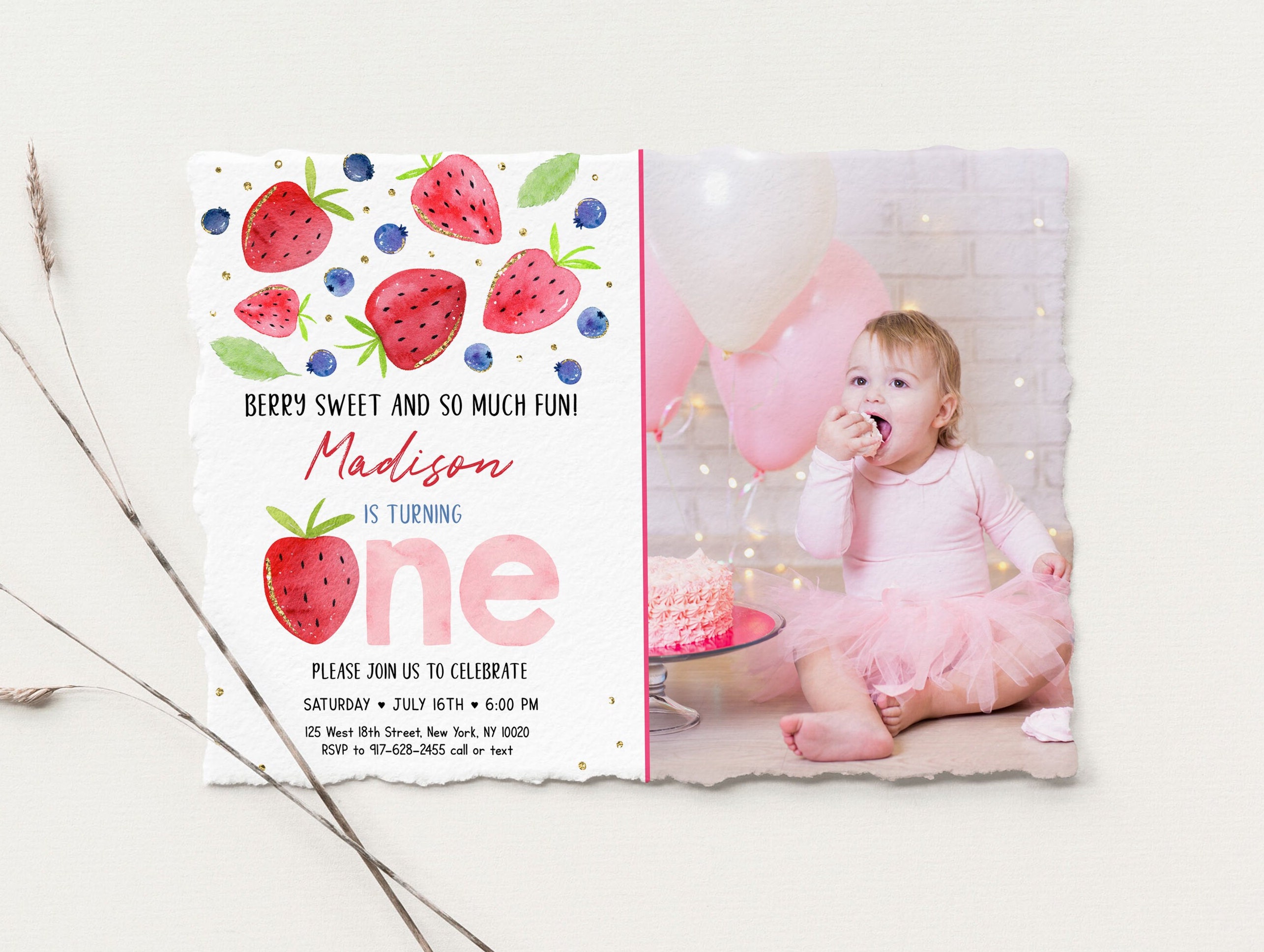 Editable Berry Sweet Birthday Invitation Strawberry Birthday | Etsy