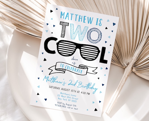 Editable Two Cool Birthday Invitation Two Cool Party Sunglasses Summer ...