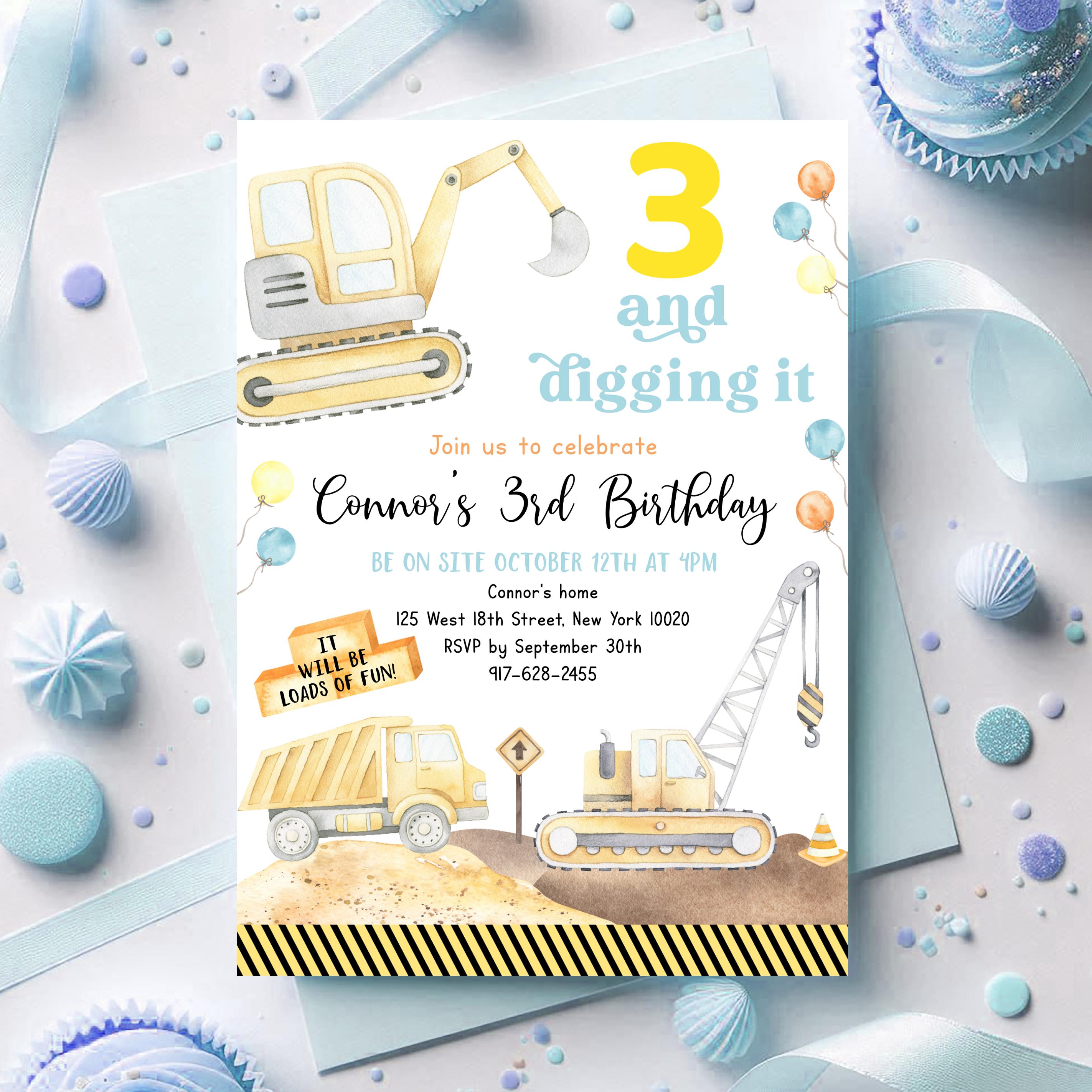 Editable Digging It Construction Birthday Invitation, Construction ...
