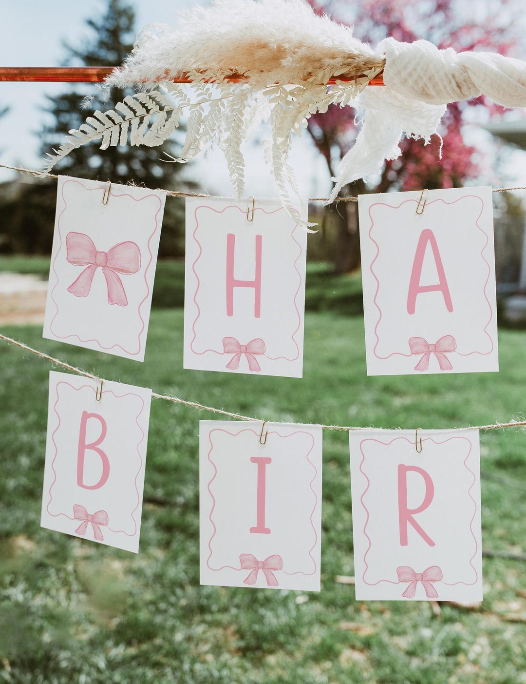Editable Pink Bow Birthday Banner, Pink Bow Party, Watercolor Bow ...