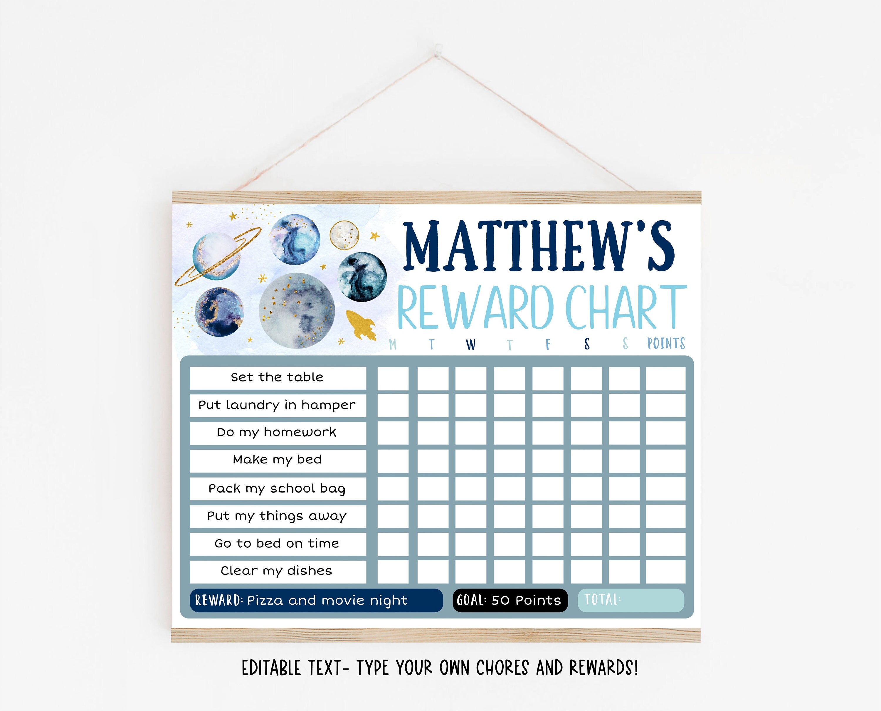 Editable Space Reward Chart Galaxy Rocket Ship Stars Planets Boy Chore ...