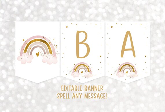 Editable Rainbow Baby Shower Banner Gold Rainbow Boho Rainbow Clouds ...