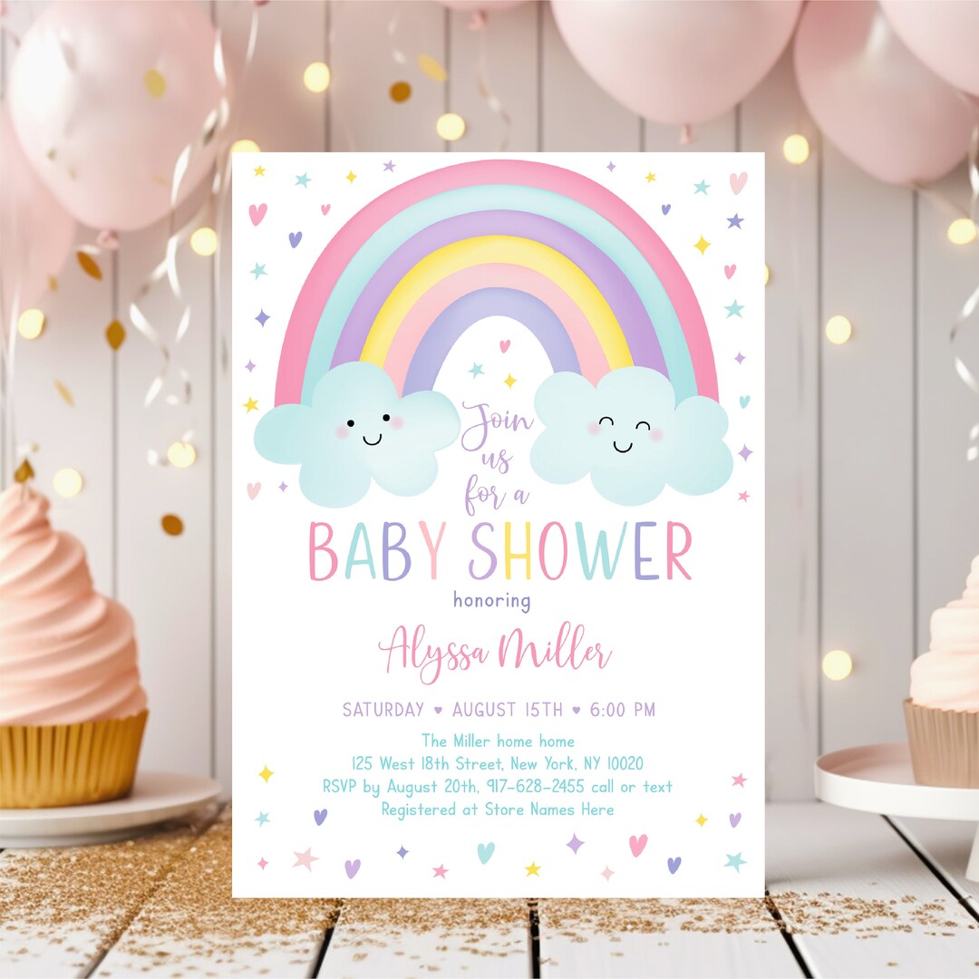 Editable Rainbow Baby Shower Invitation Pastel Rainbow Clouds Stars ...