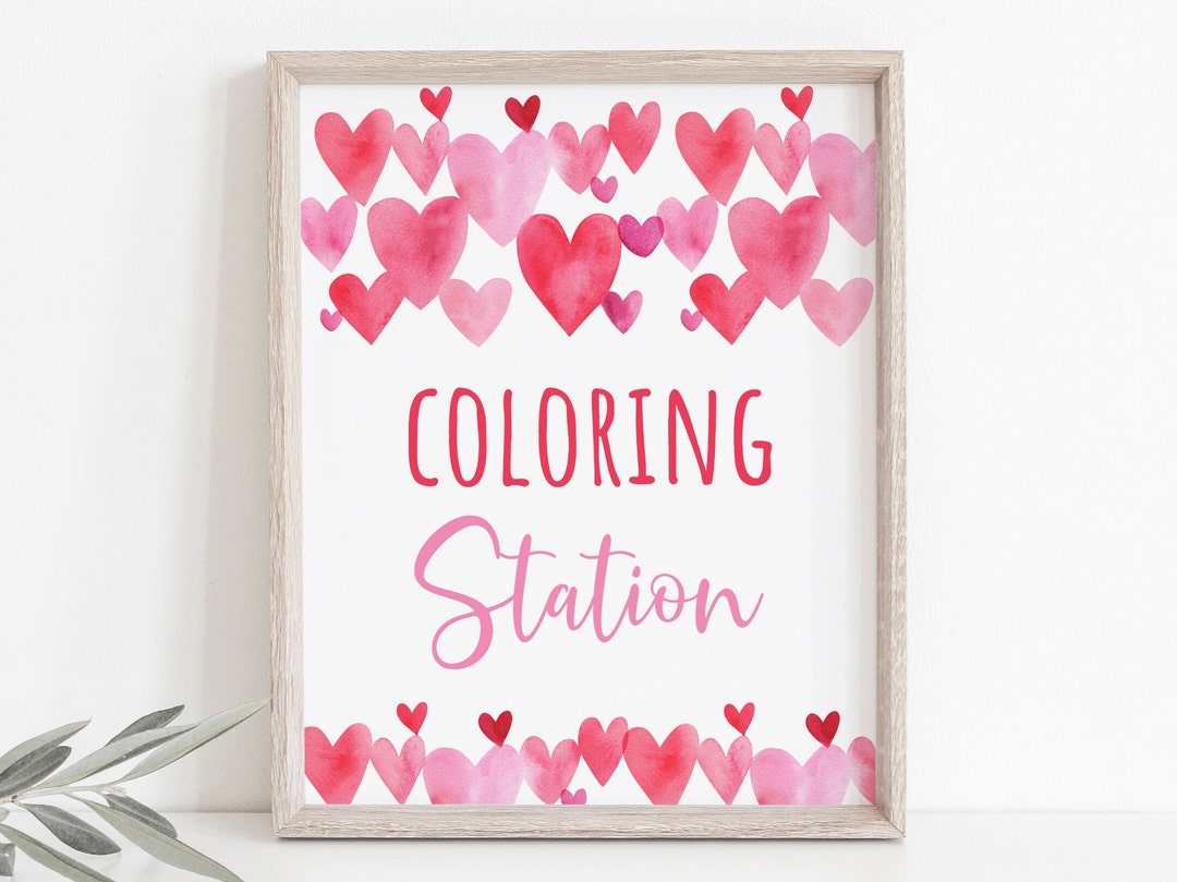 Hearts Coloring Station Birthday Sign Hearts Party Sign Valentine's ...