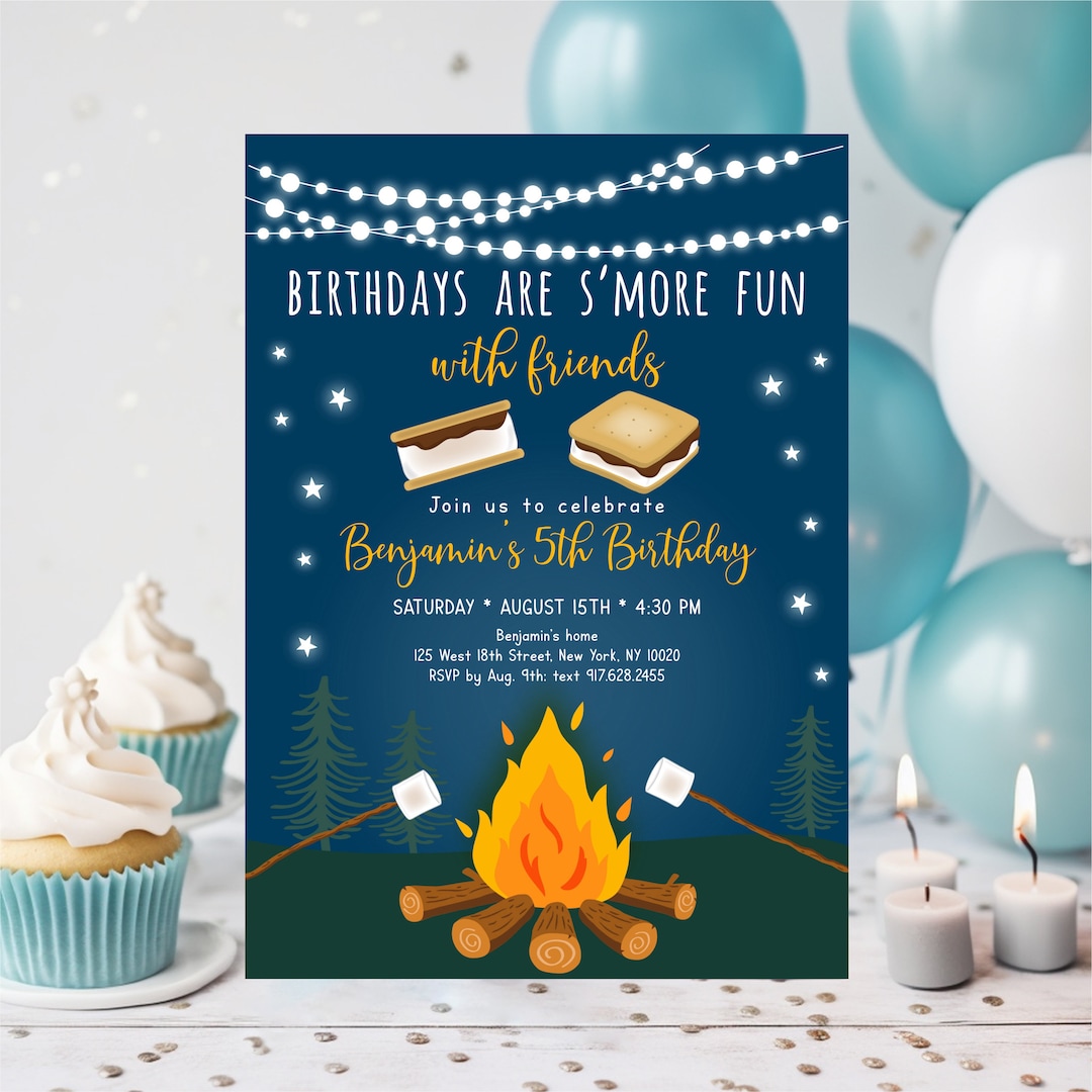 Editable S'mores Birthday Invitation, Camping, Bonfire, Campfire, Smore ...
