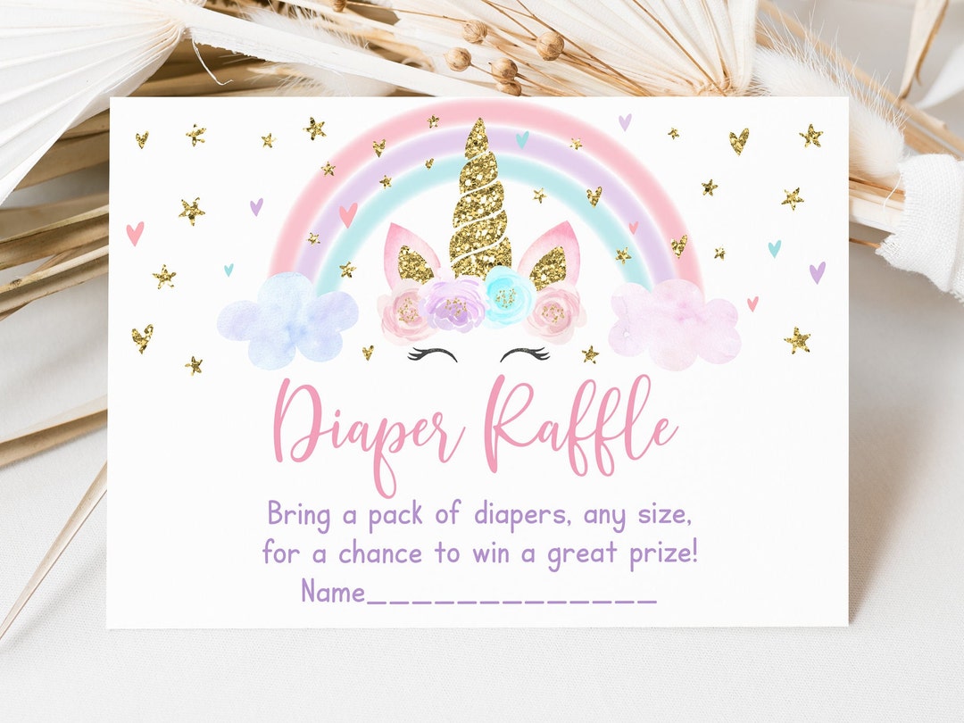 Unicorn Diaper Raffle Cards Rainbow Unicorn Baby Shower Pink Gold ...
