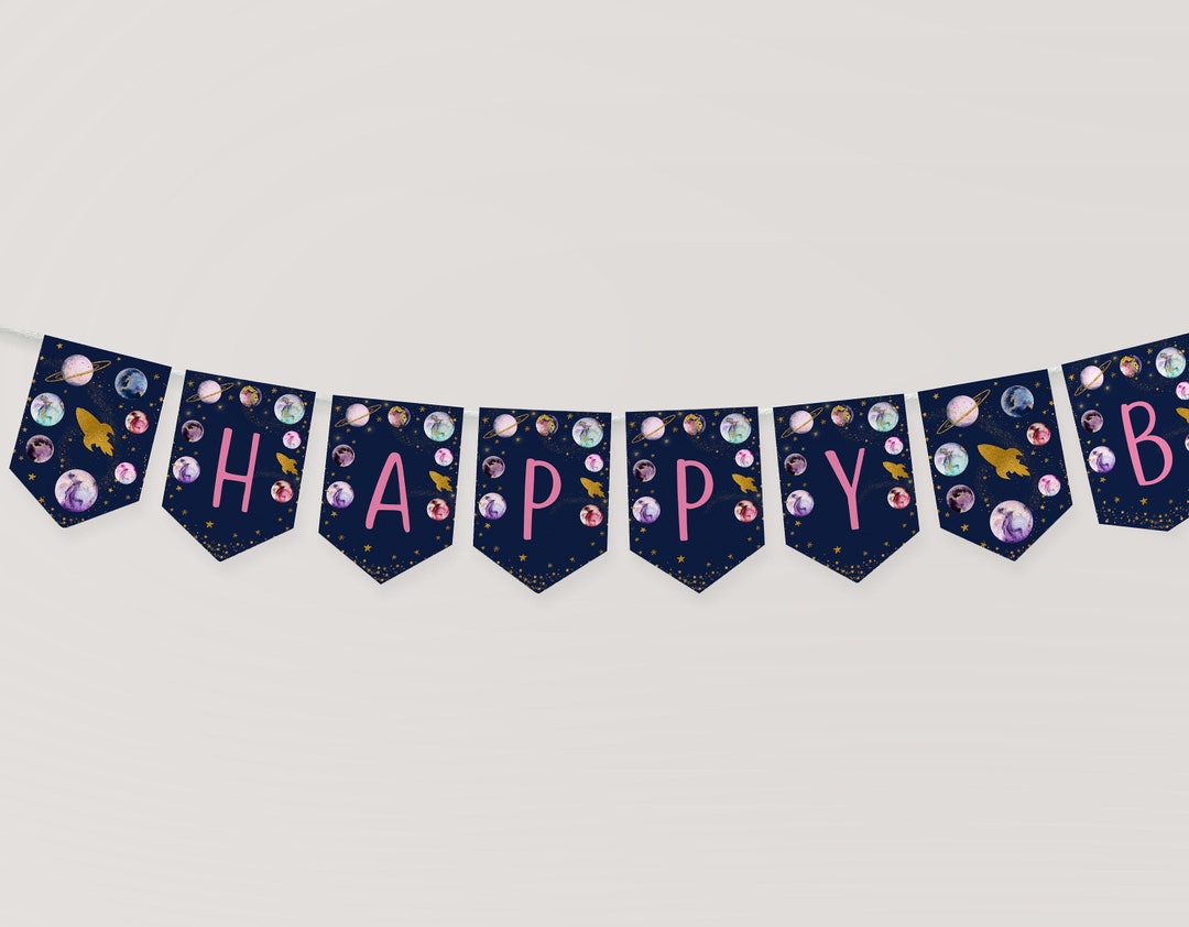 Editable Space Birthday Banner Galaxy Birthday Banner Pink Gold Galaxy ...