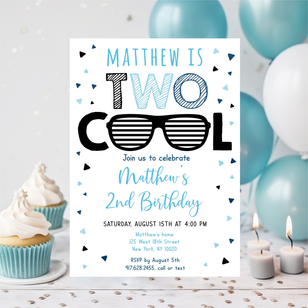 Editable Two Cool Birthday Invitation Two Cool Party Sunglasses Summer ...