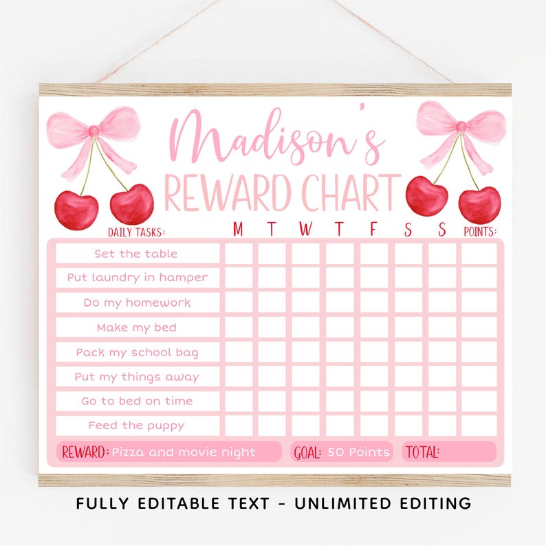 Cherry Bow Reward Chart, Behavior Chart, Daily Chores, Routine, Pink ...